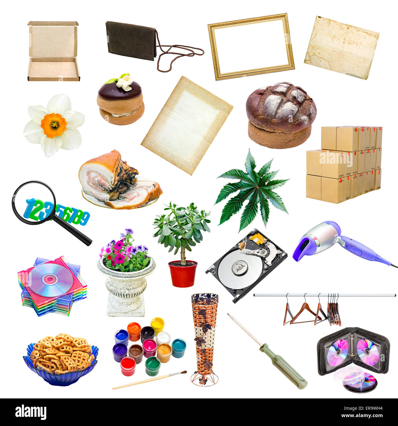 simple collage of isolated objects on white background Stock Photo - Alamy