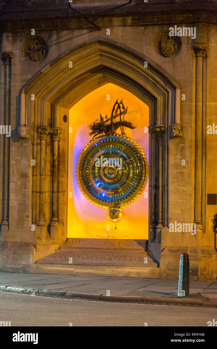 UK, England, Cambridge. Corpus Clock, Corpus Christi College, Nightime ...