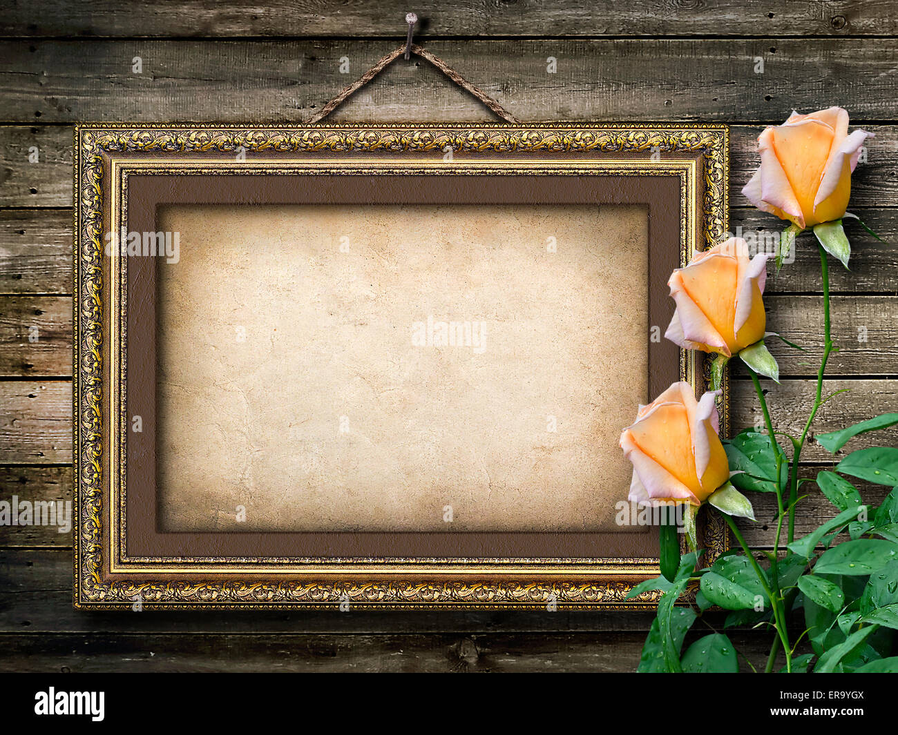 Old vintage frame for photos and a bouquet of yellow roses Stock Photo ...