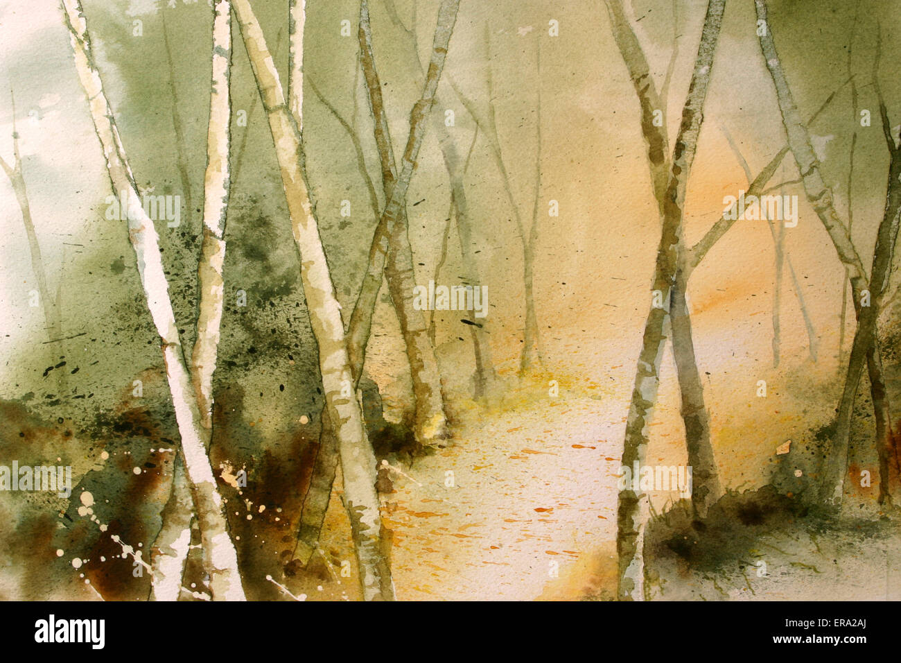 Original watercolour, forest path background Stock Photo - Alamy