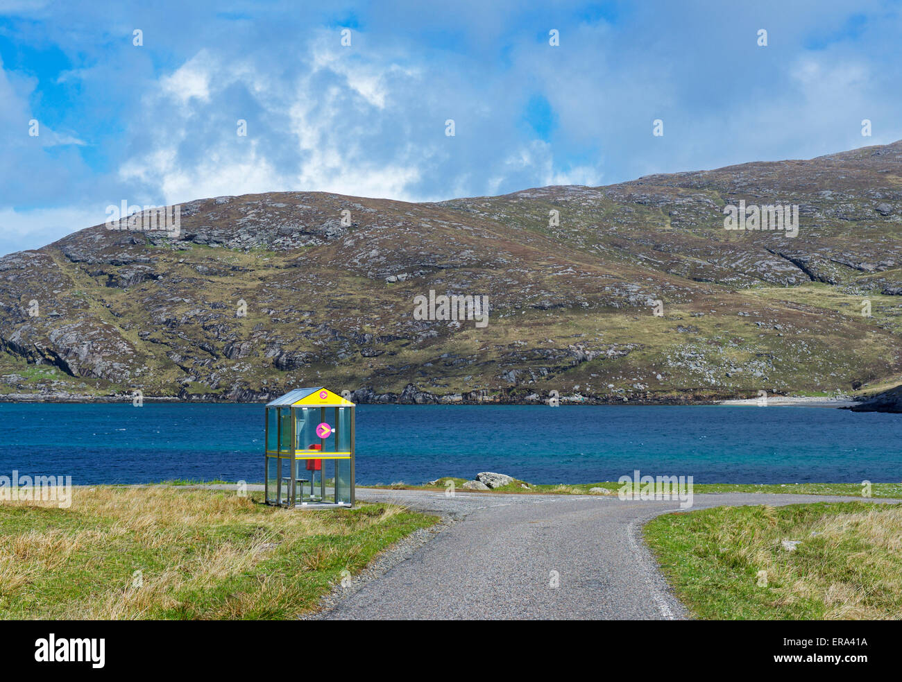 Bus stop on the island of Vatersay, Isle of Barra, Outer Hebrides ...