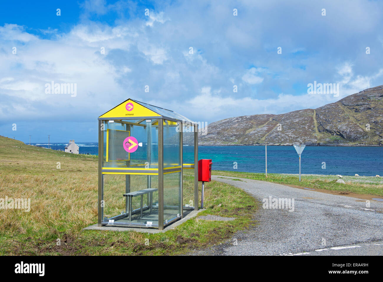 Bus stop on the island of Vatersay, Isle of Barra, Outer Hebrides ...