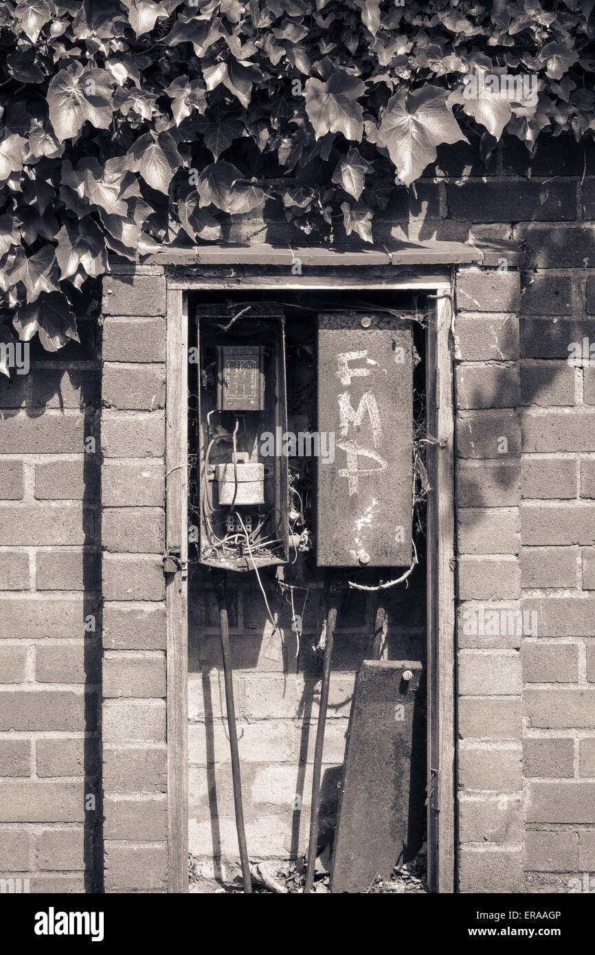 Monochrome image of old electrical power supply wires hanging out Stock ...