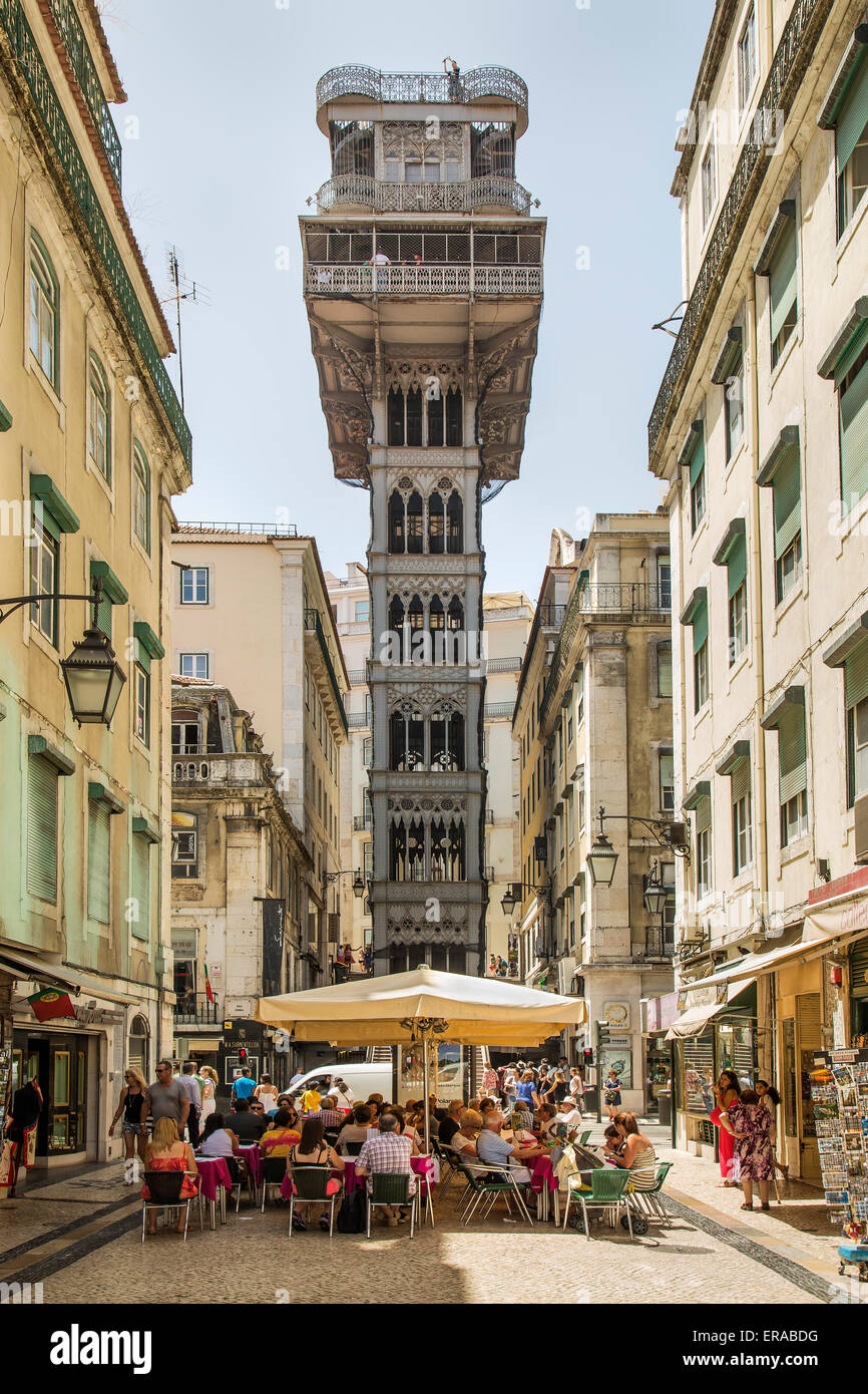 Street view of Santa Justa Elevator Lift, Lisbon, Portugal Stock Photo ...