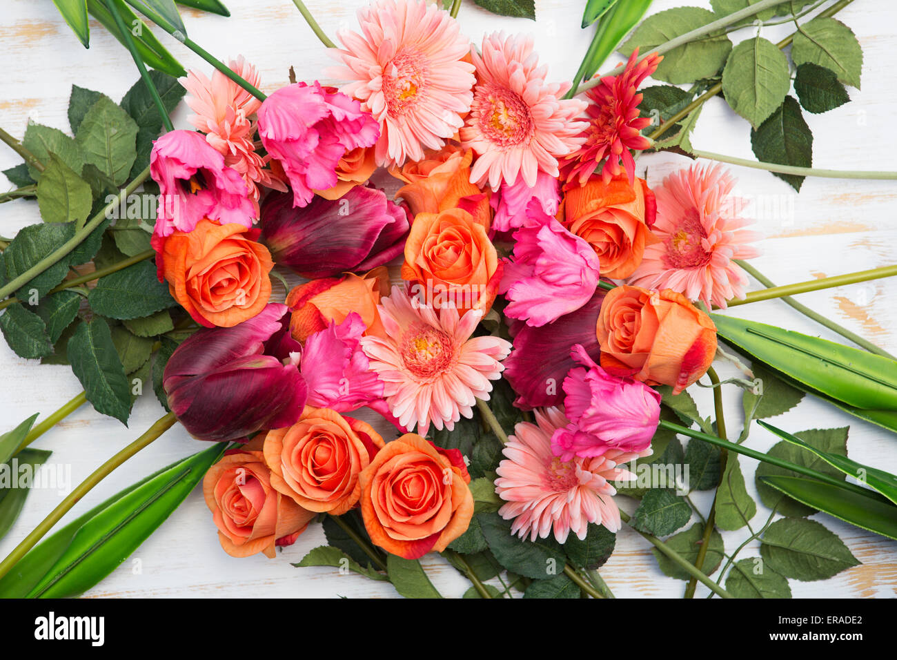 beautiful mix flowers with tulips,roses and gerberas Stock Photo - Alamy