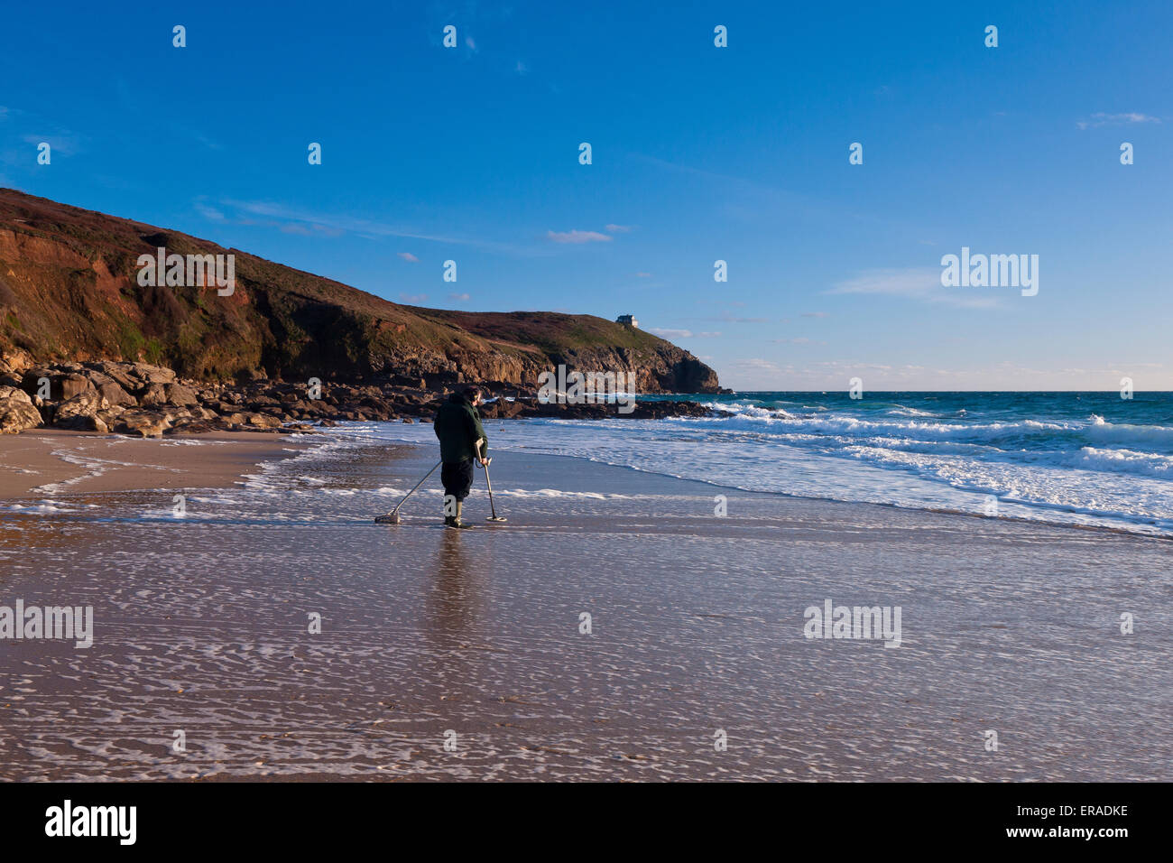 Metal Detectorist At Praa Sands, Cornwall, South West,Uk Stock Photo ...