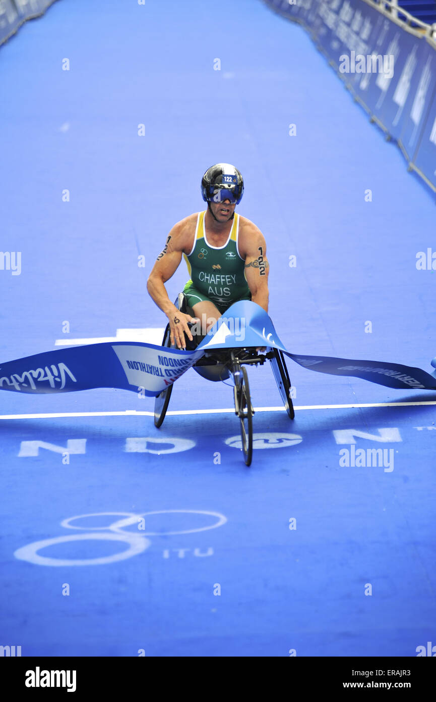 London, UK. 30th May, 2015. Bill Chaffey (AUS) crossing the line to win ...