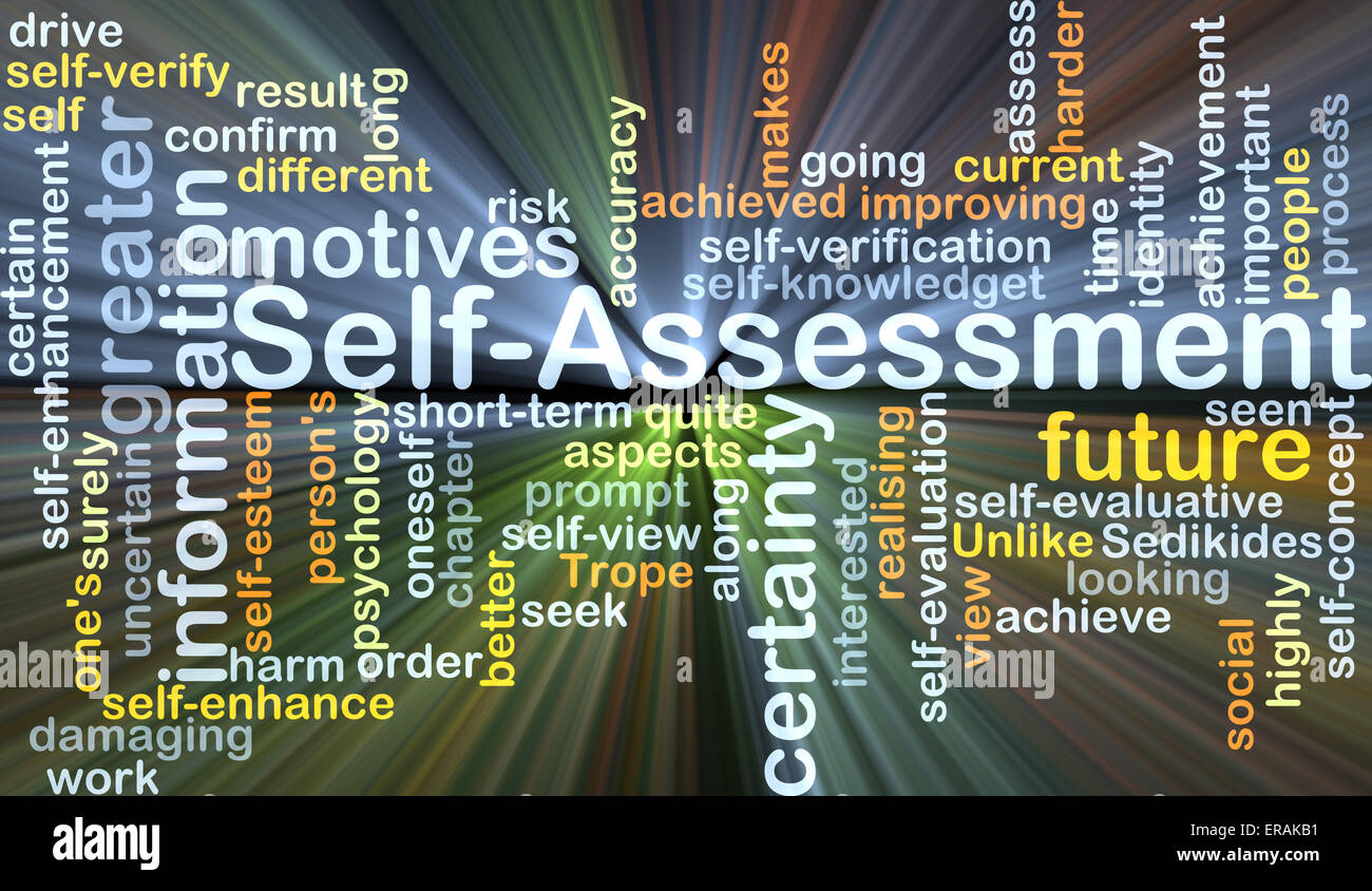 Background concept wordcloud illustration of self-assessment glowing ...