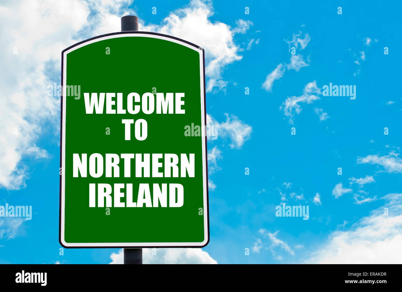 Green road sign with greeting message Welcome to NORTHERN IRELAND ...