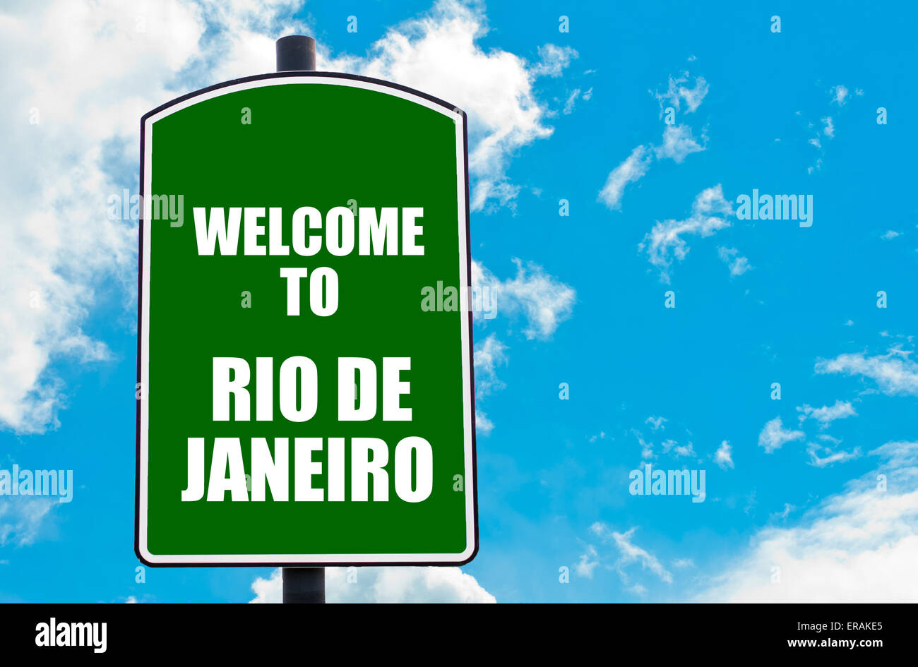 Green road sign with greeting message WELCOME TO RIO DE JANEIRO, BRAZIL ...