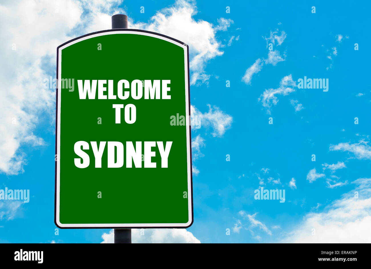 Green road sign with greeting message WELCOME TO SYDNEY, AUSTRALIA ...
