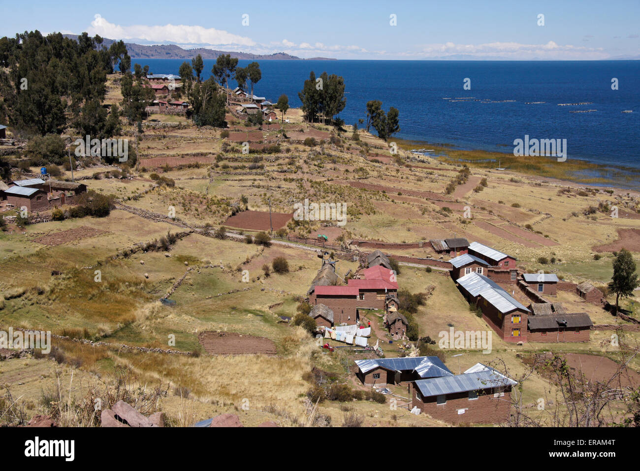 Houses and fields on Capachica Peninsula, Lake Titicaca, Peru Stock ...