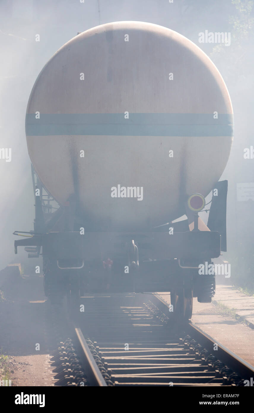 Oil tanker train is seen in smoke near Sofia. Fire safety and civil ...