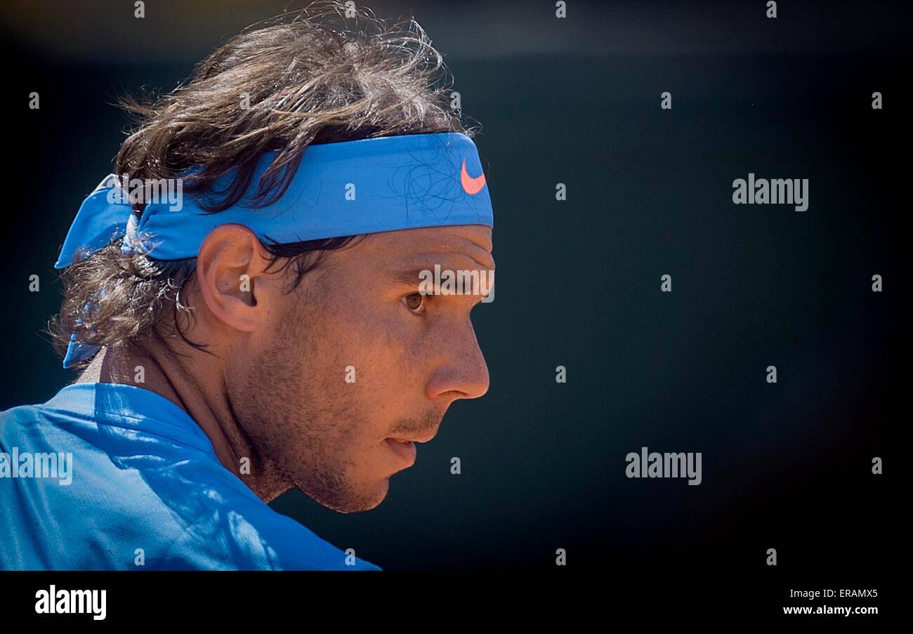 Paris, France. 30th May, 2015. Rafael Nadal of Spain reacts during the ...