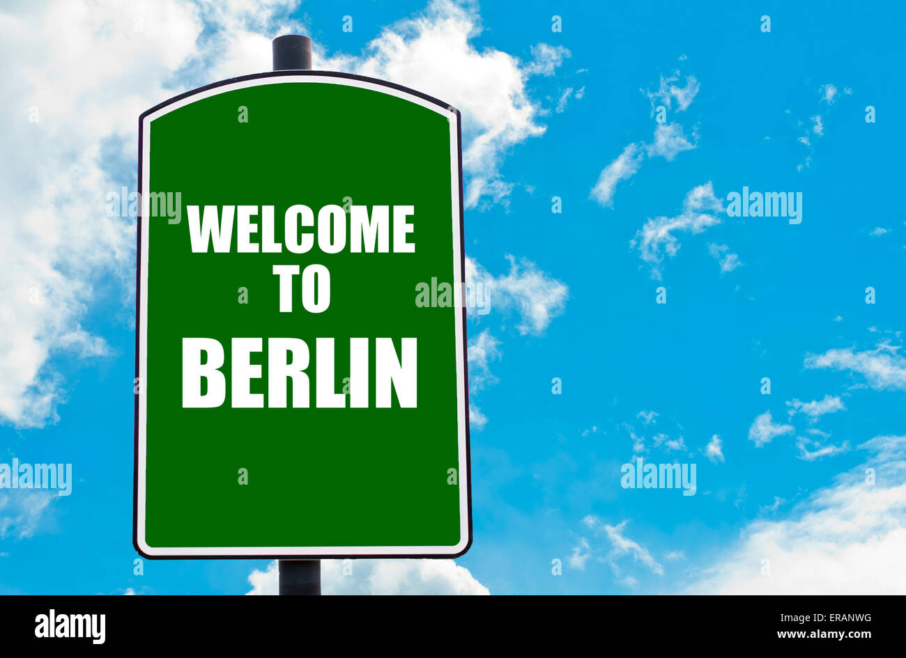 Green road sign with greeting message WELCOME TO BERLIN, GERMANY ...