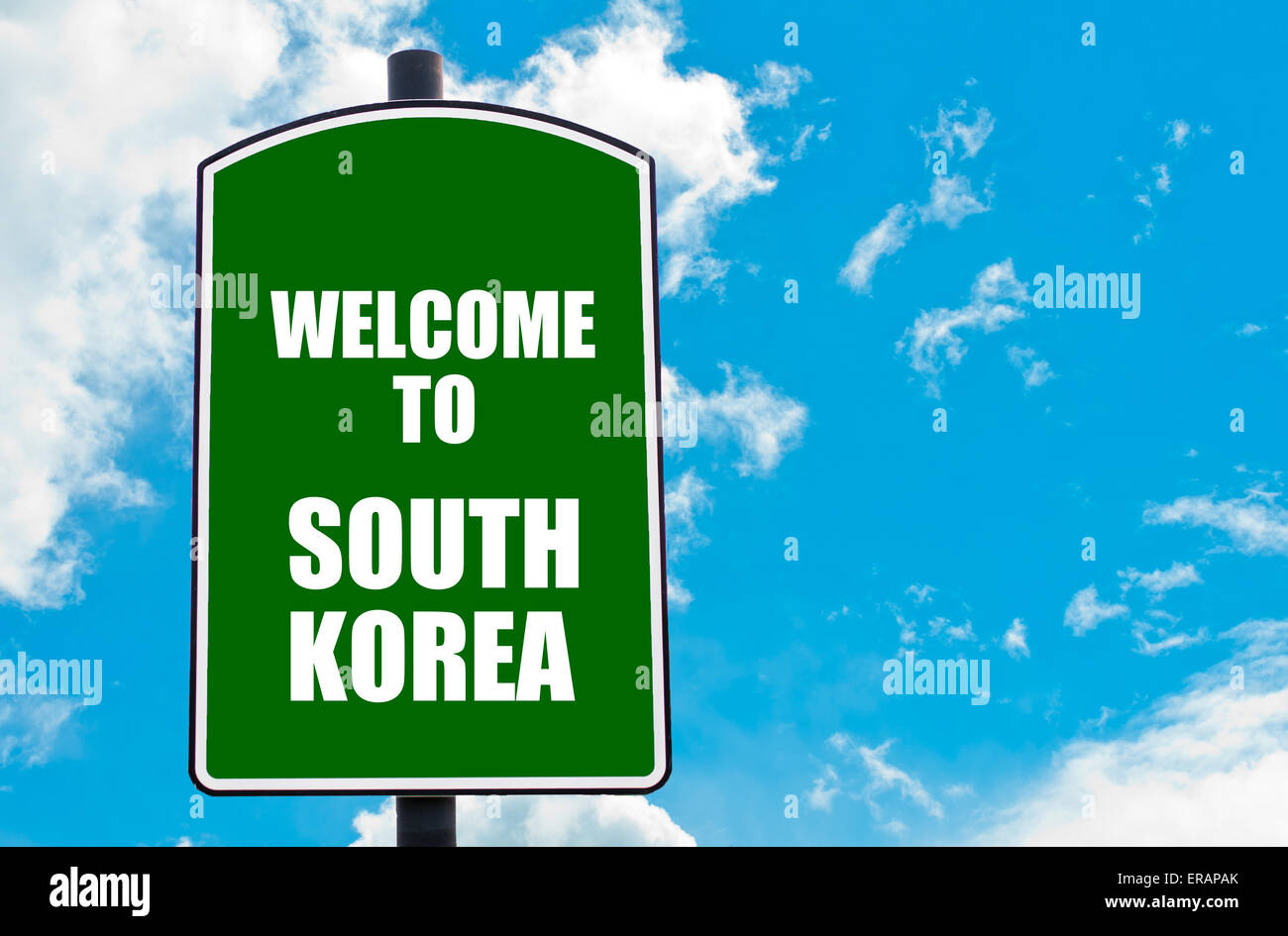 Green road sign with greeting message WELCOME TO SOUTH KOREA isolated ...