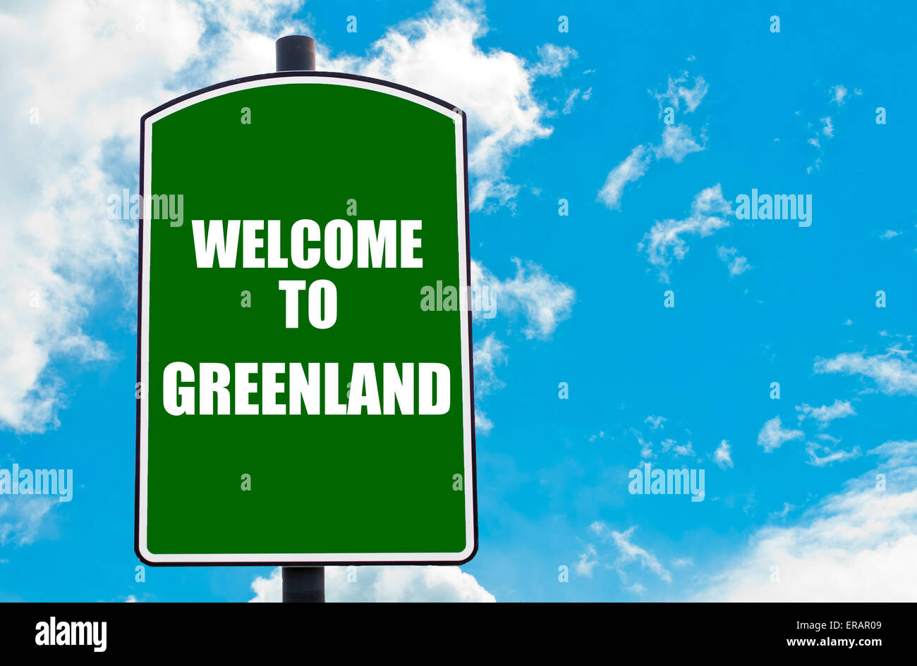 Green road sign with greeting message WELCOME TO GREENLAND isolated ...