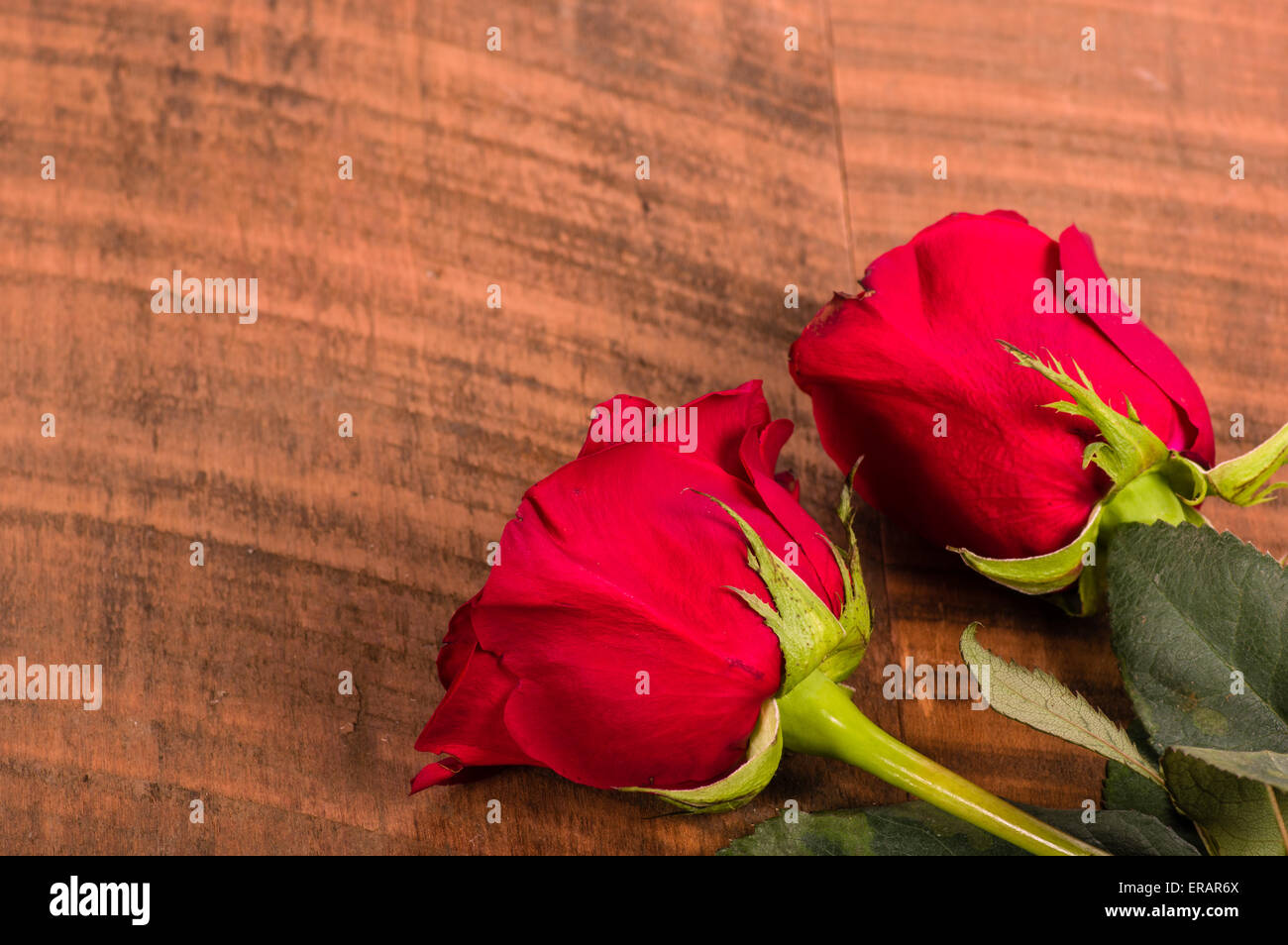 Two red roses on a rough wooden table Stock Photo - Alamy