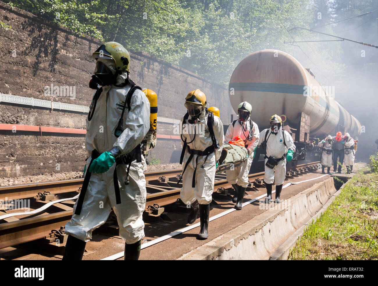 Sofia, Bulgaria - May 19, 2015: A team working with toxic acids and ...