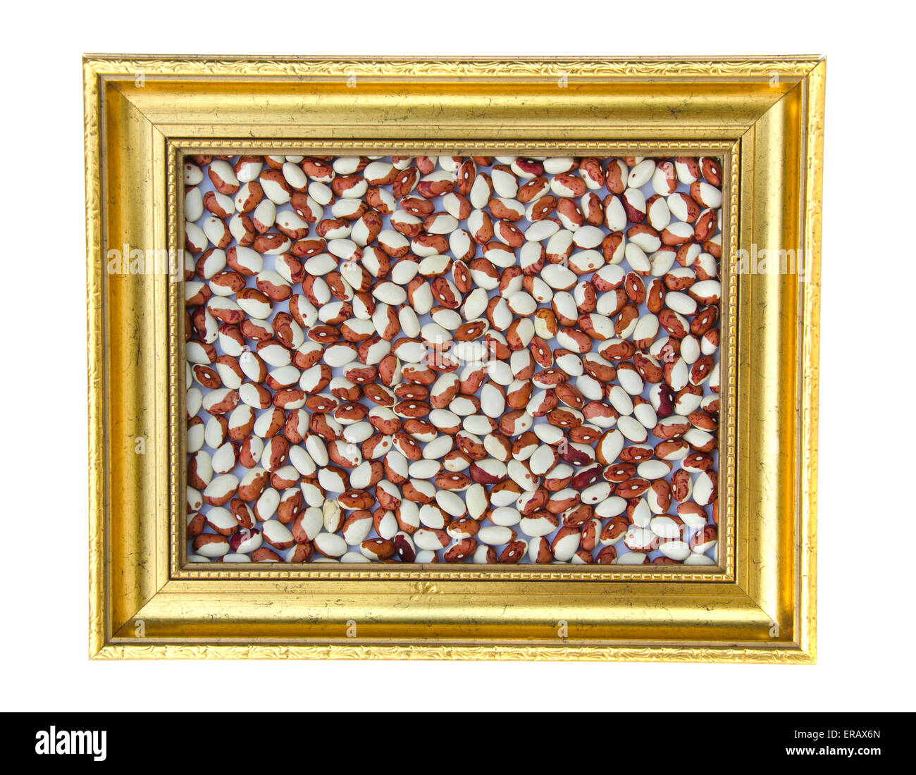 golden retro picture frame with beans isolated on white background ...