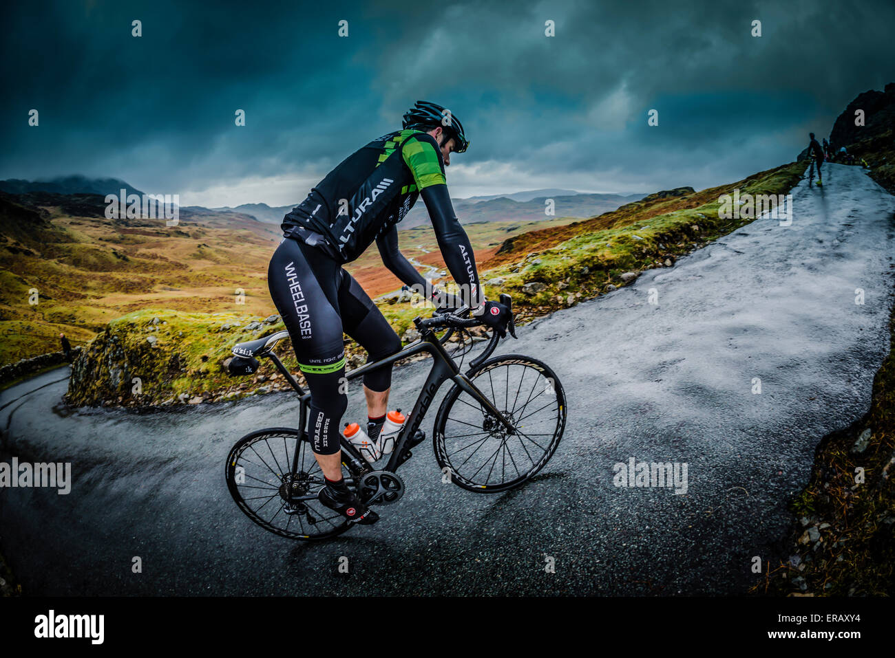 Cyclist taking part in the Fred Whitton Challenge 2015, riding ...