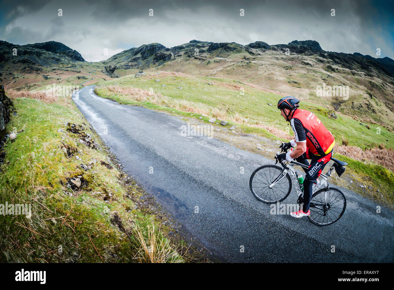 Cyclist taking part in the Fred Whitton Challenge 2015, riding ...