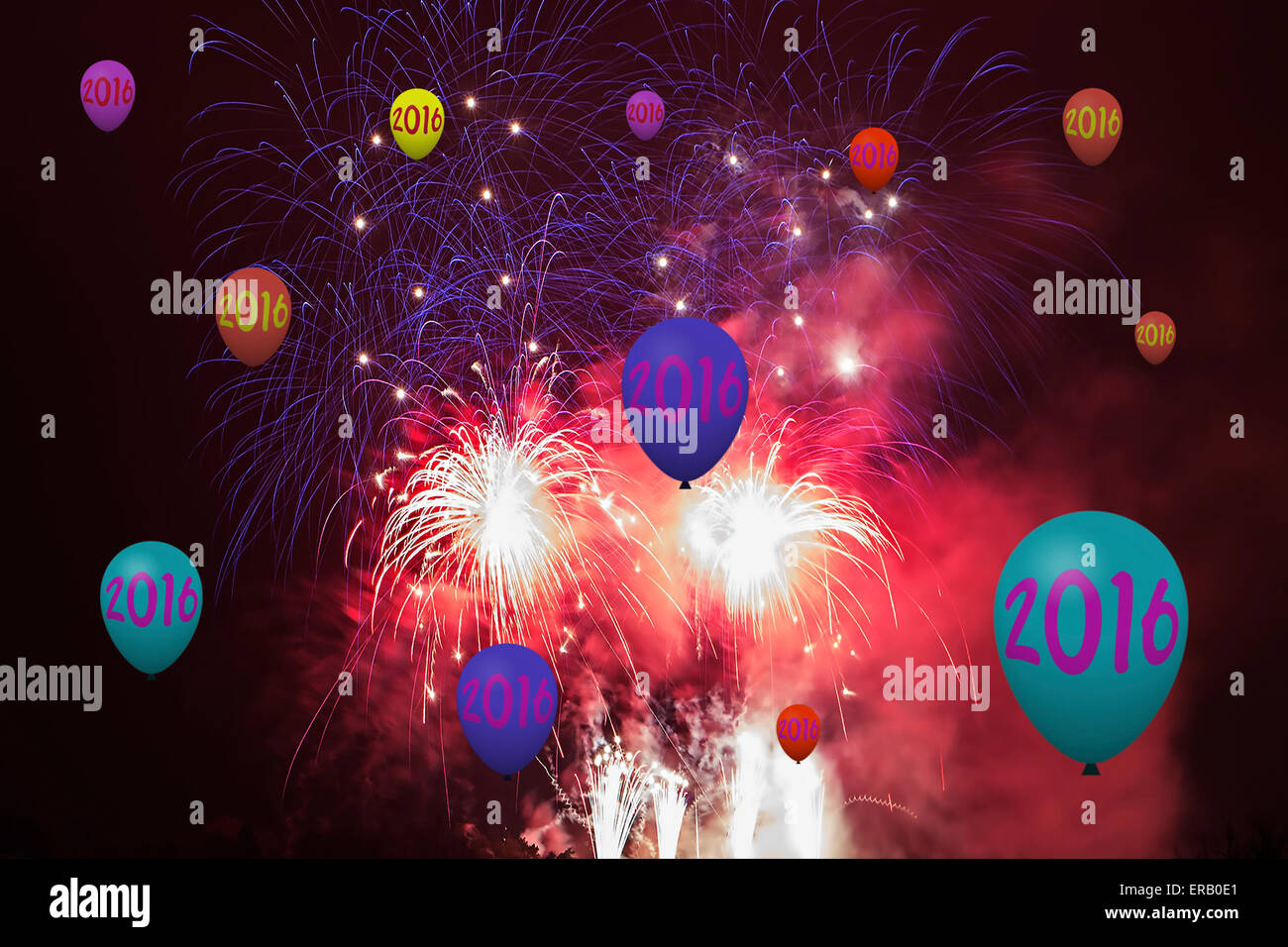 New year 2016 card with fireworks and party balloons Stock Photo - Alamy