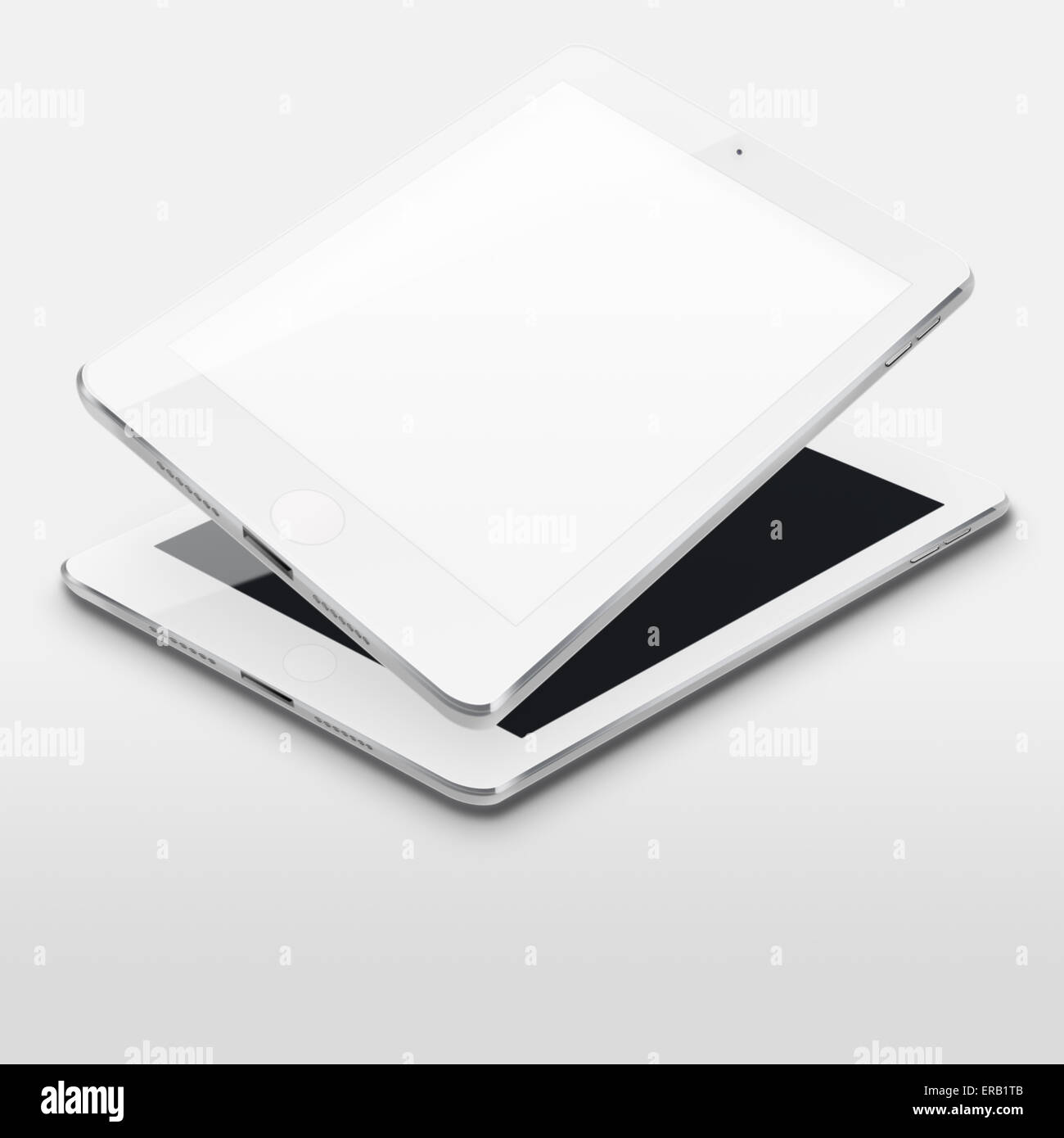 Tablet computers with blank and black screens on gray background ...