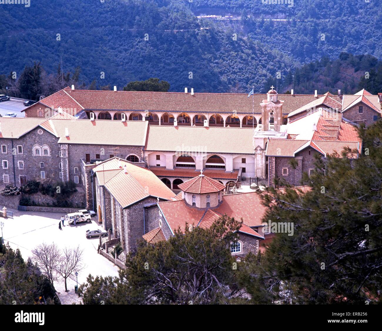 Elevated view of the Kykkos Monastery, the most powerful in Cyprus and ...