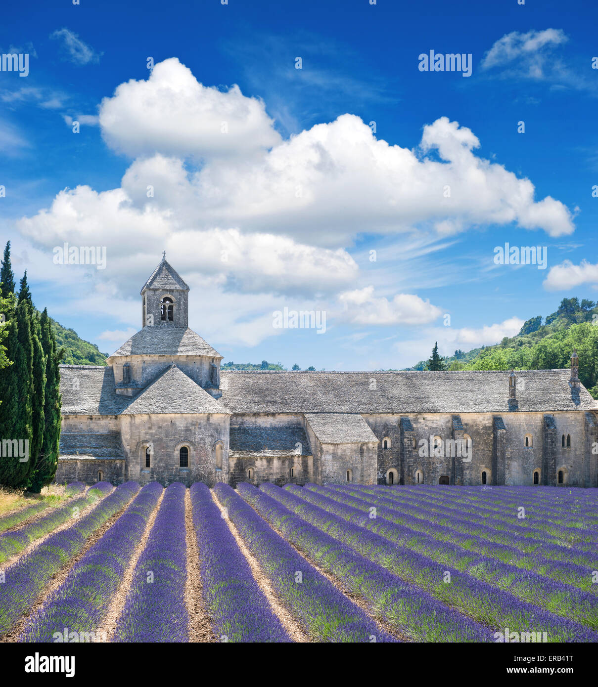 Beautiful landscape with medieval castle and cloudy blue sky. Lavender ...