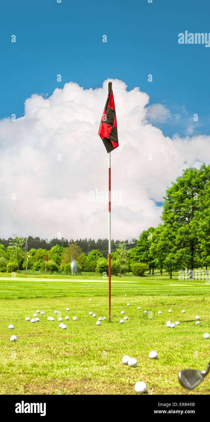 Golf field and cloudy blue sky. Spring landscape with green grass and ...