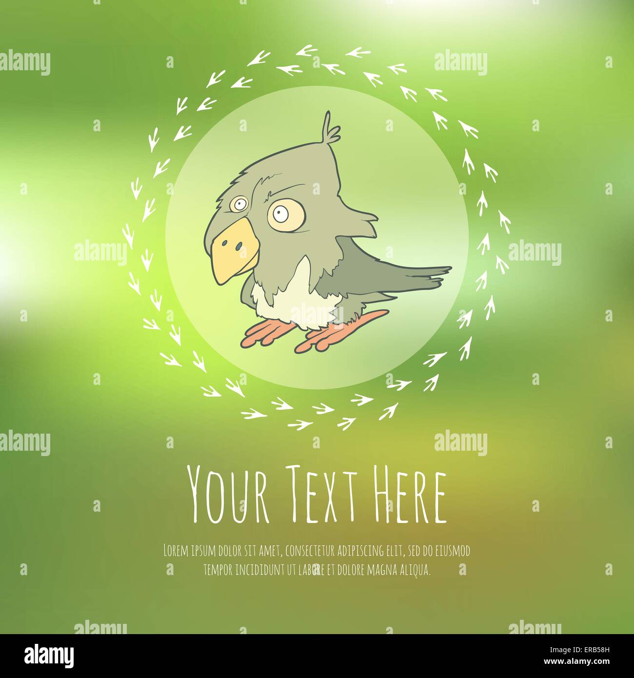 Hand drawn vector cartoon bird on blurred background. Greeteng or ...
