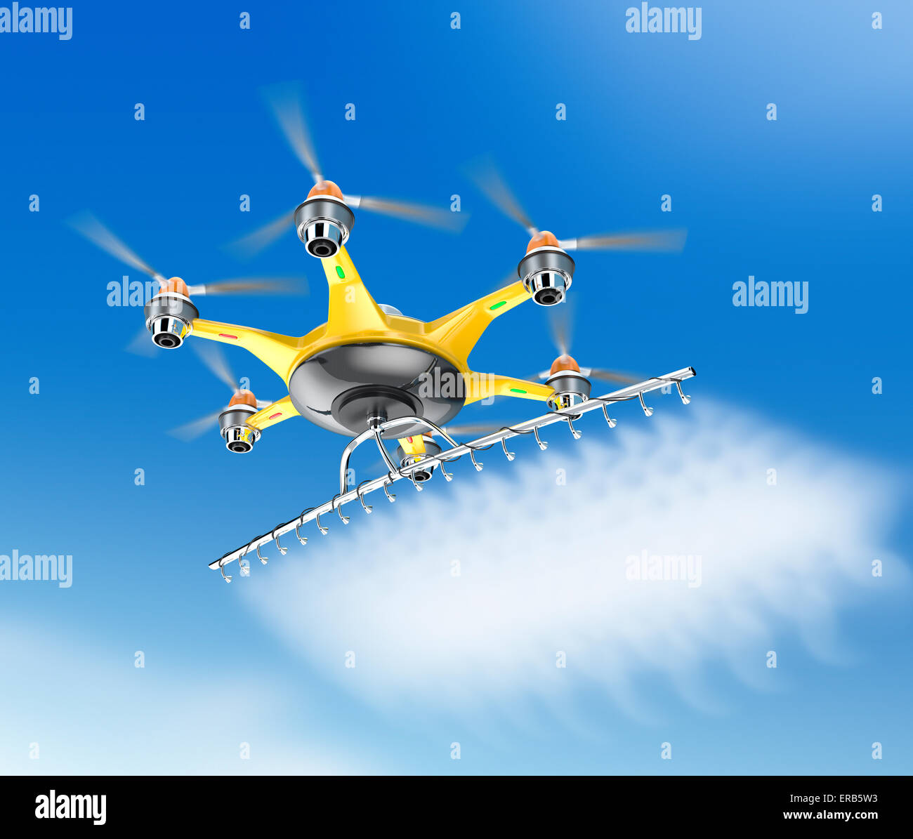 Hexacopter with crop sprayer flying in the sky Stock Photo - Alamy