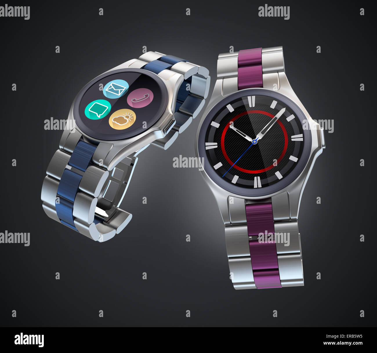 Two smart watches with metal band isolated on black background Stock ...