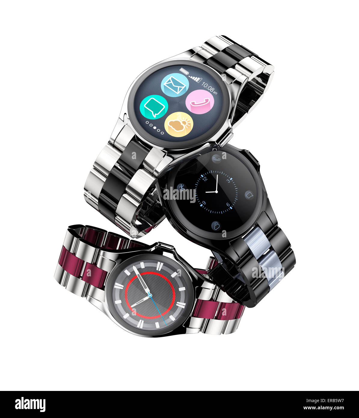 Three smart watches with metal band isolated on white background Stock ...