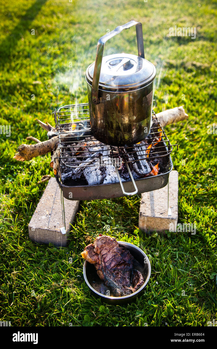 Campfire and cooked sirloin steak on a campsite Stock Photo - Alamy