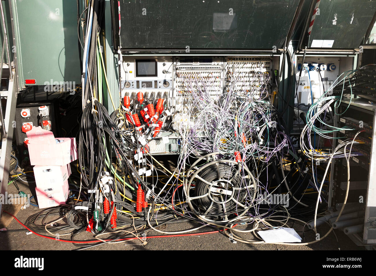 Tangle of wires from a tv production van at a special event in London ...