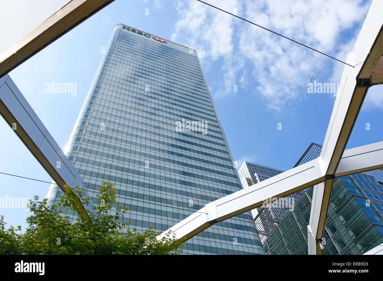 View of HSBC skyscraper through open roof panel in the Crossrail Place rooftop garden above ...