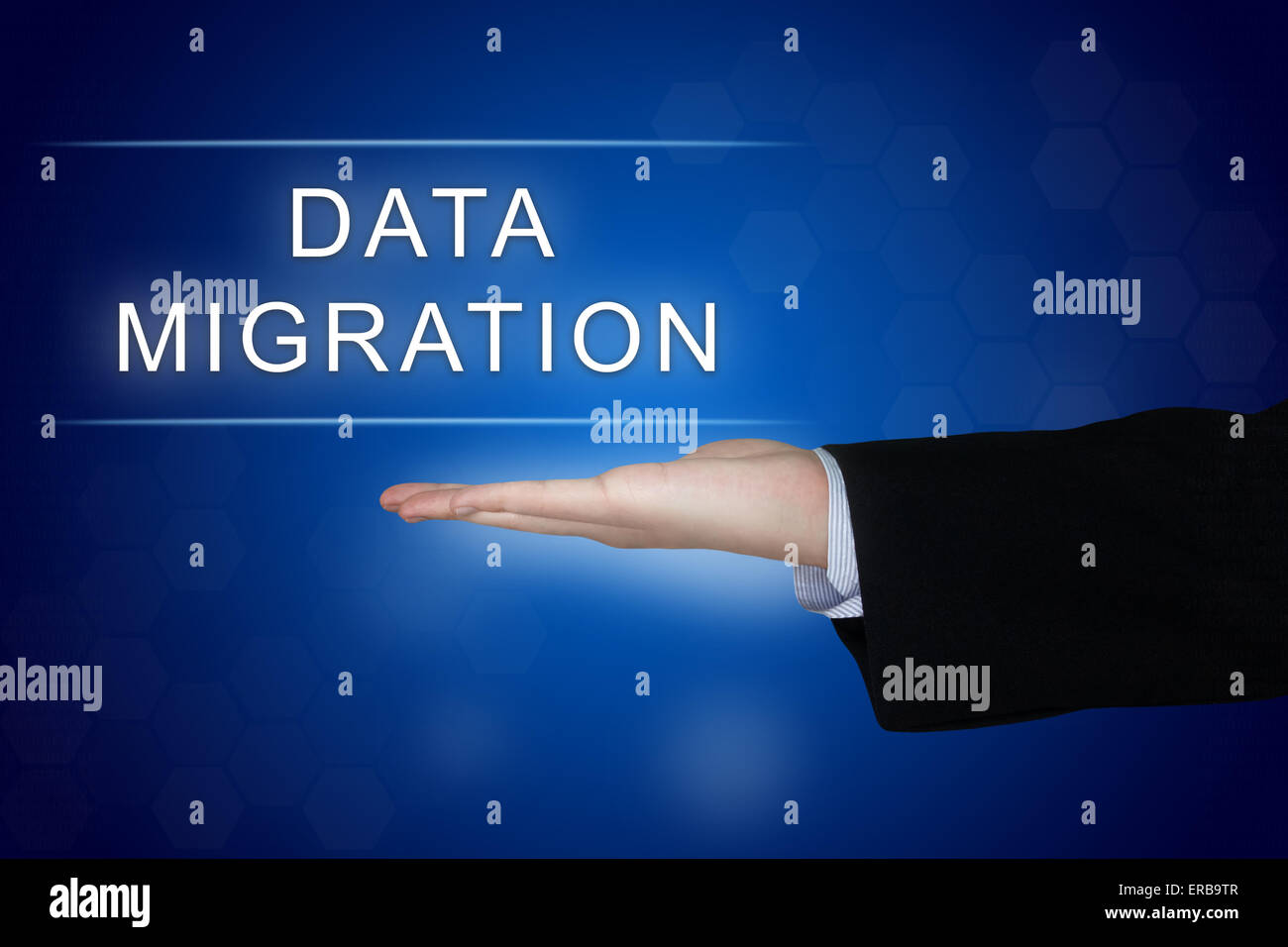 data migration button with business hand on blue background Stock Photo ...