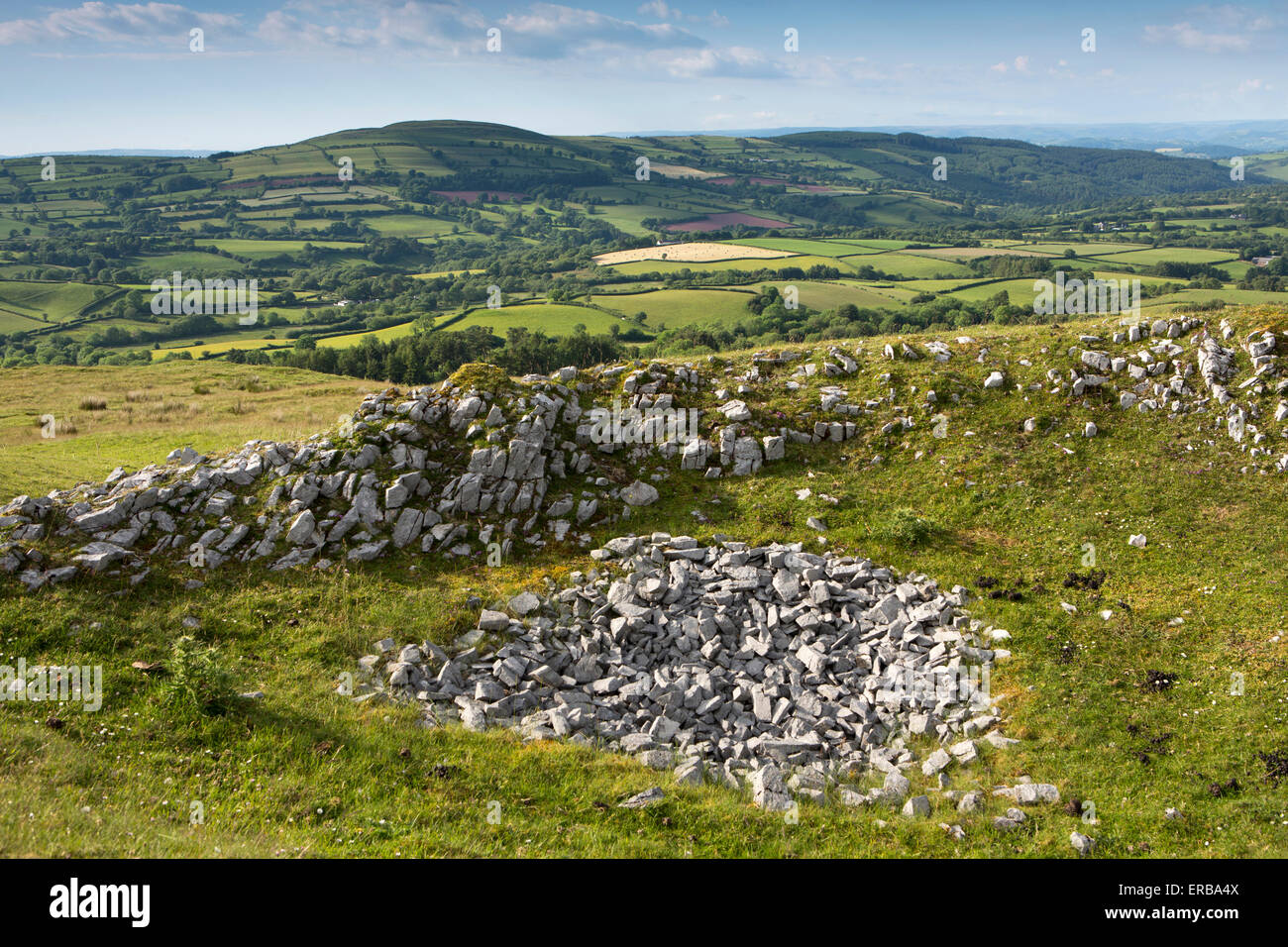 Wales, Carmarthenshire, Mynydd Du, fractured limestone outcrop over ...
