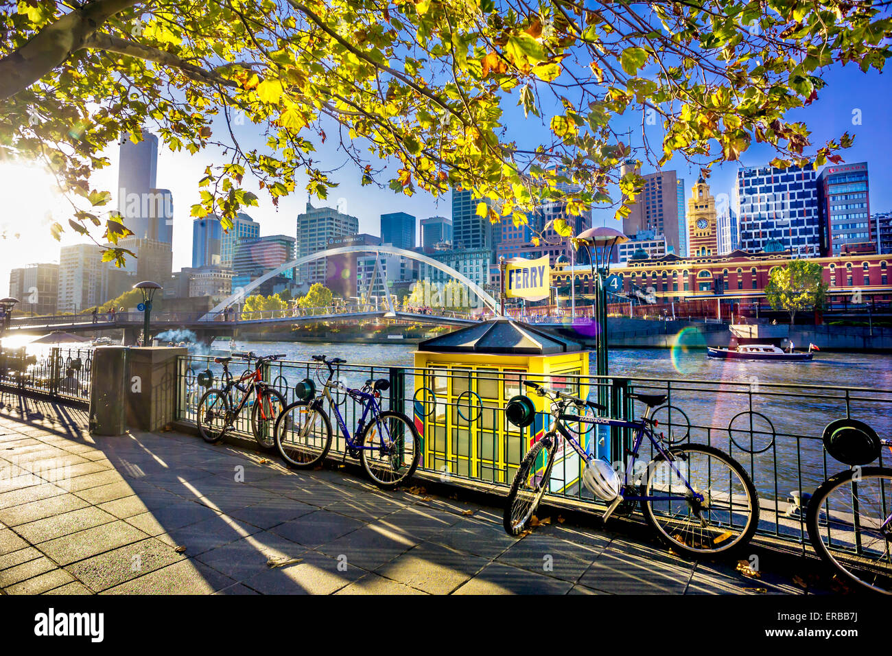 Bkes chained to Waterfront fence at tourist ferry stop, Southbank ...