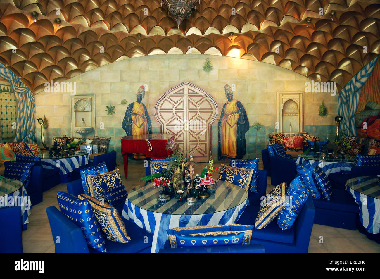 Eastern interior of beautiful restaurant, water theme, Acapulco, Mexico ...