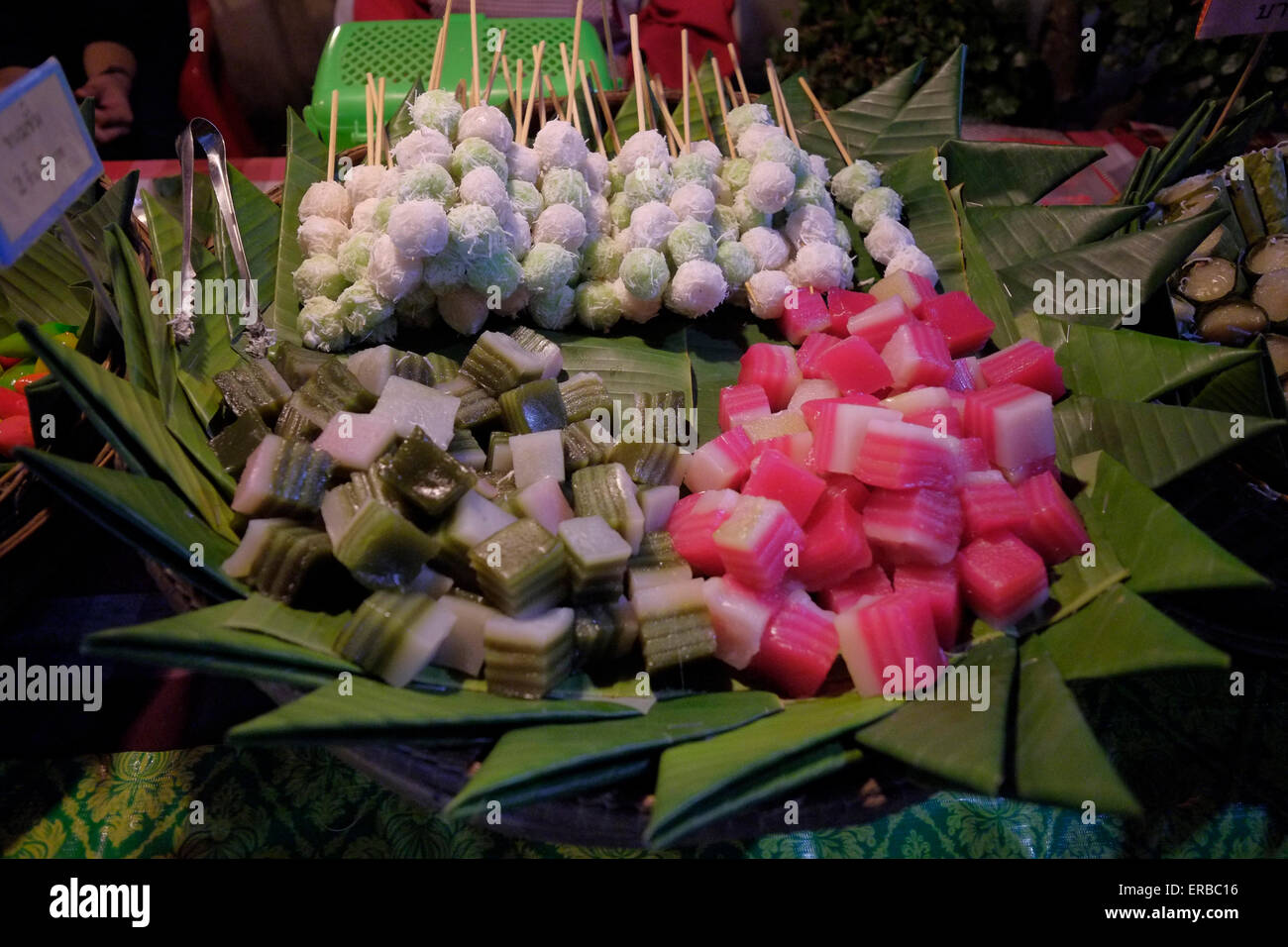 Sugarcoated coconut sweets for sale in the town of Chiang Khan in Loei ...