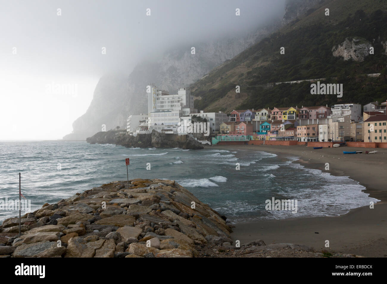 Rainy weather and waves breaking on a beach at Catalan Bay, Gibraltar ...