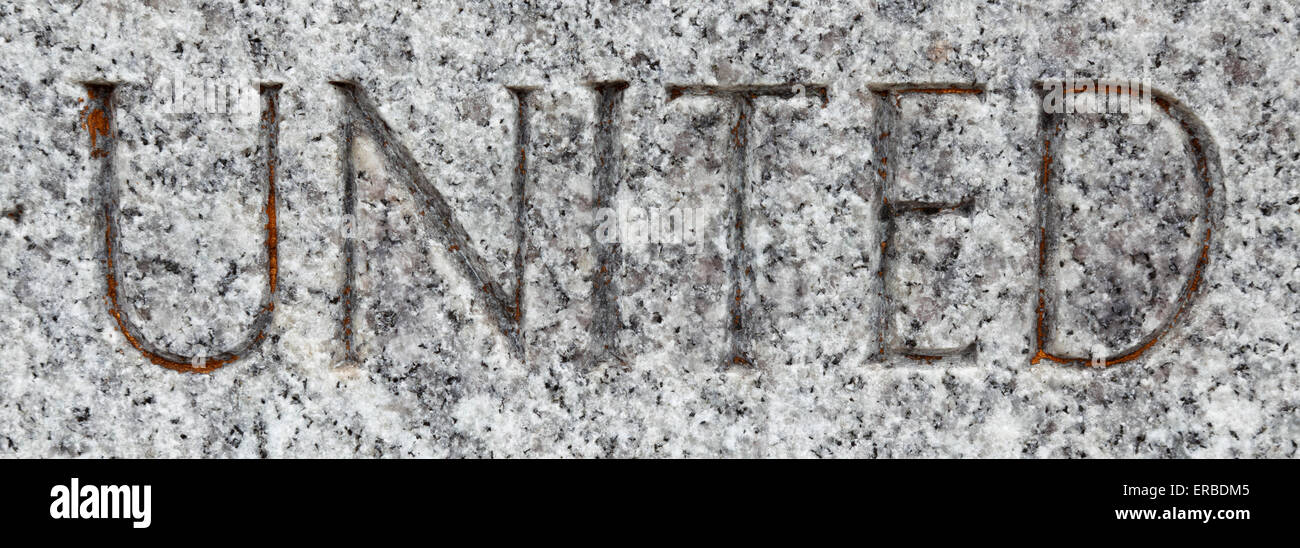 Inscription of the word United from statue in Washington D.C. in the ...