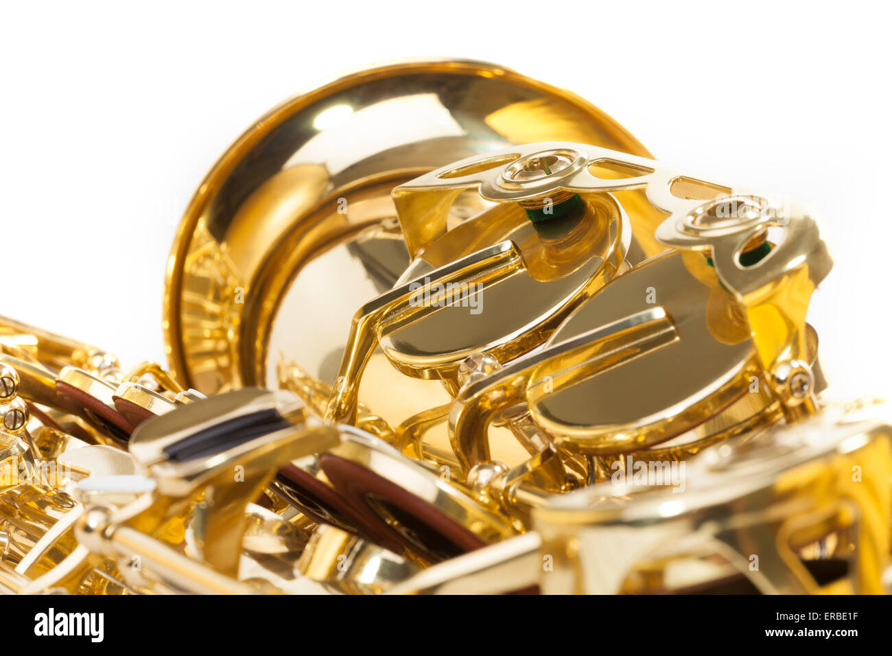 Saxophone with detailed view of keys isolated Stock Photo - Alamy