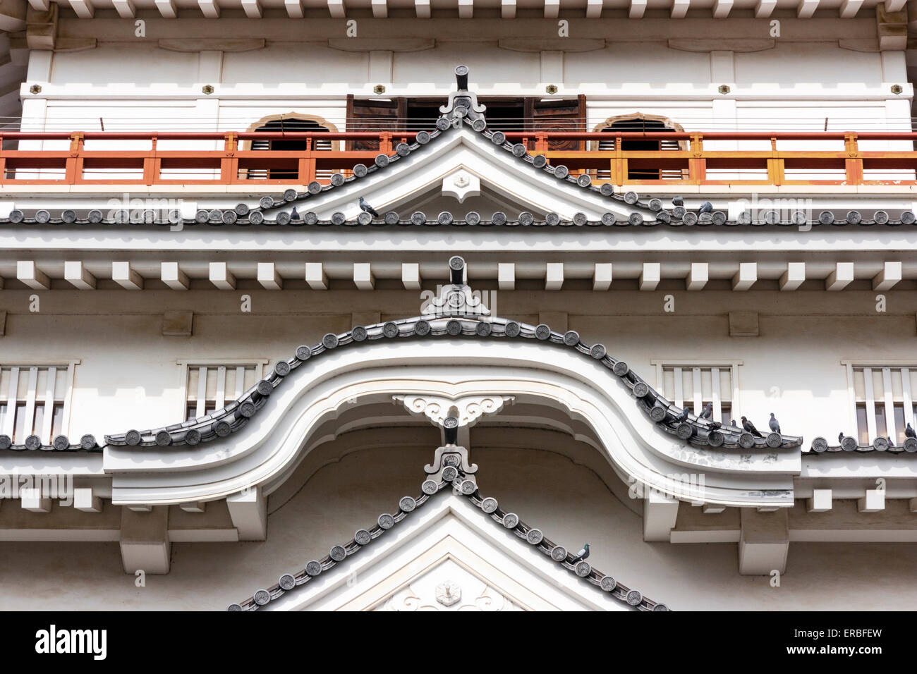 Botogata style keep, tenshu, of Fukuyama castle in Japan. Low angle ...