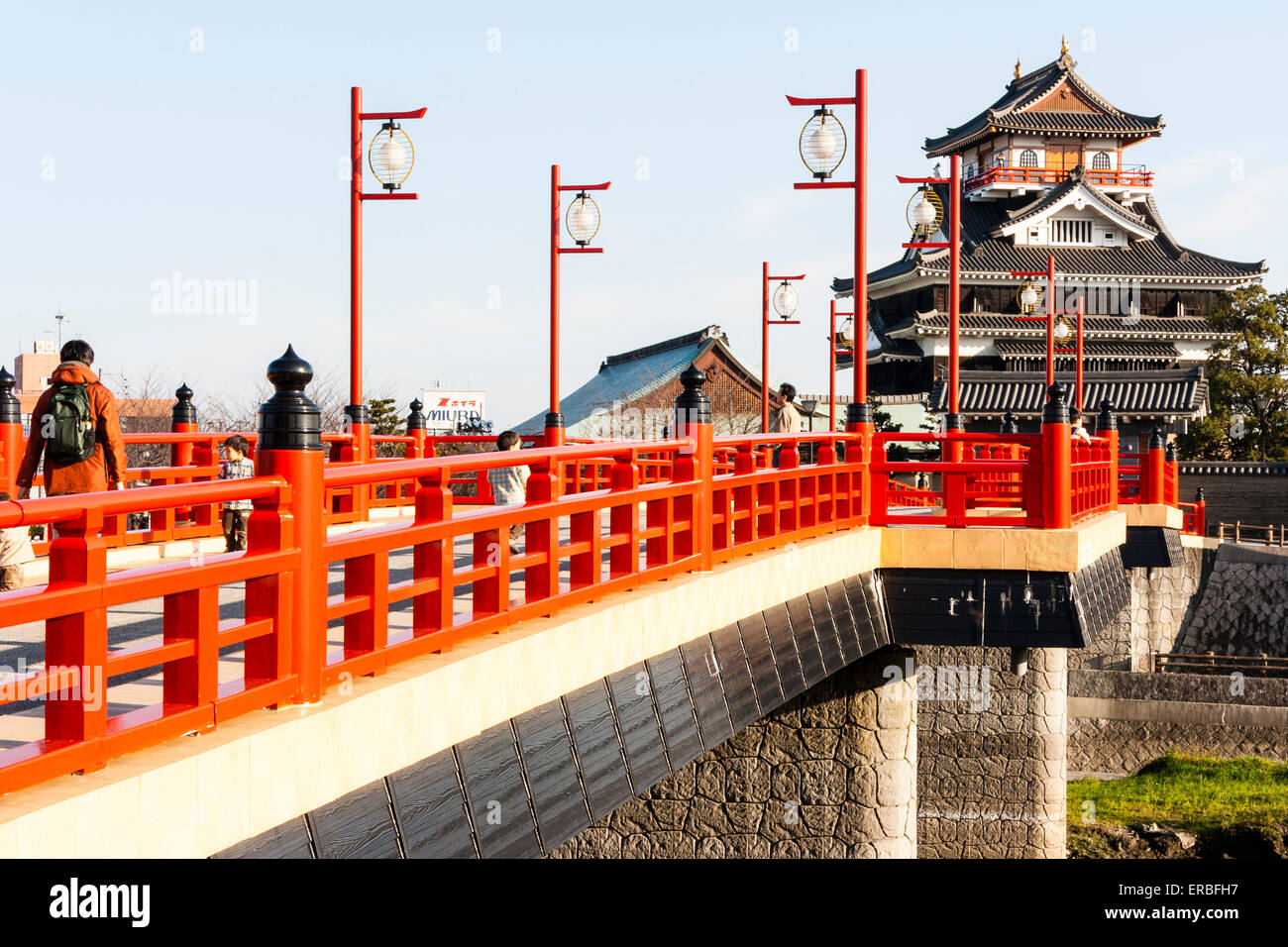 Japan, Nagoya. Concrete reconstruction of wooden river bridge with ...
