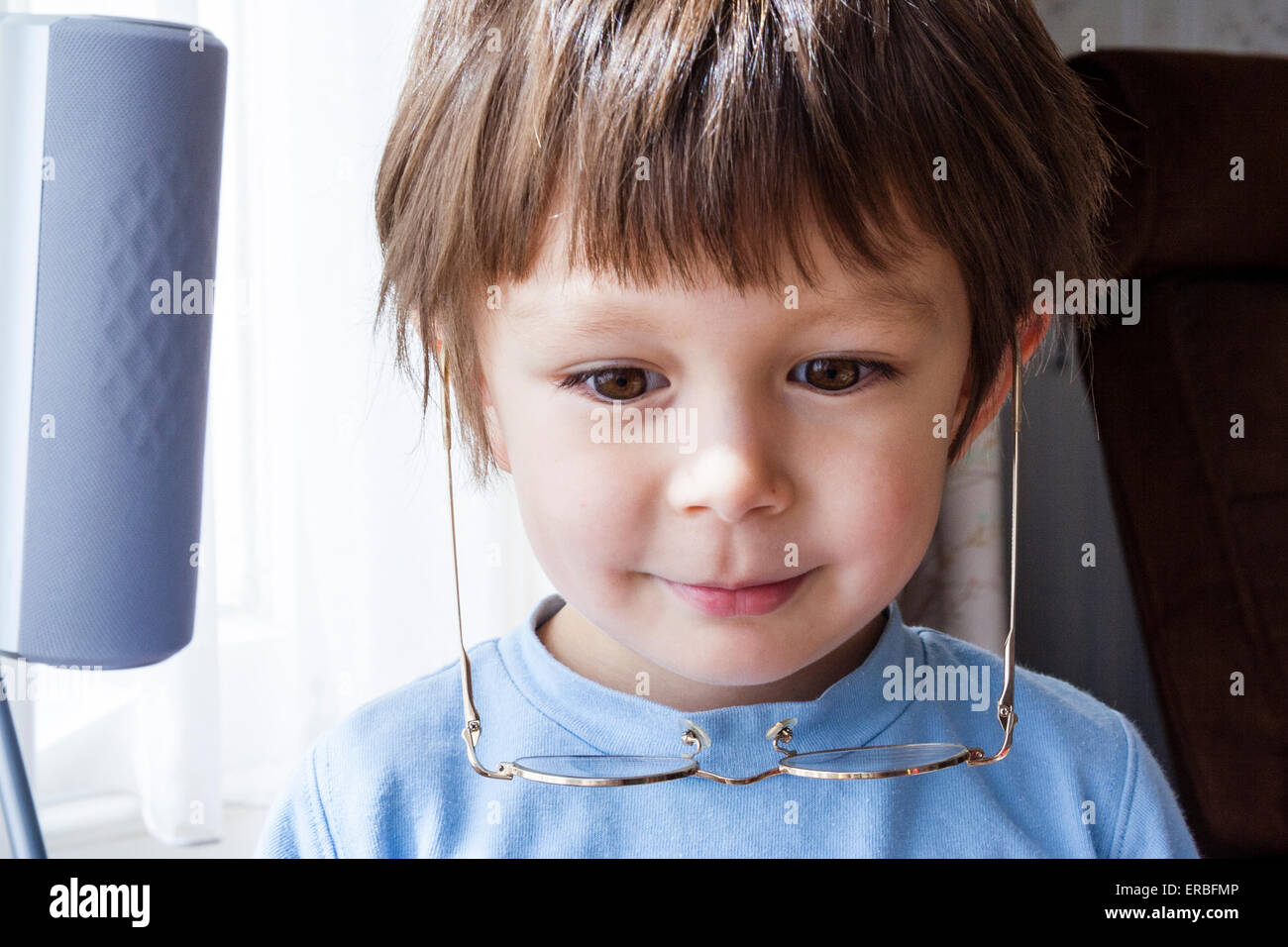 3 - 5 year old Caucasian child, boy. Head and shoulder, facing, indoors ...