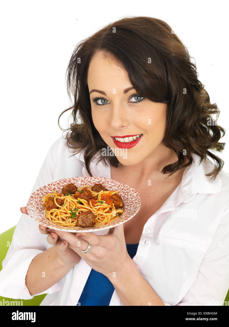 Young Happy Confident Woman Eating Authentic Italian Style Spaghetti